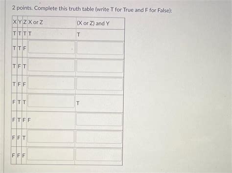 solved 2 points complete this truth table write t for true