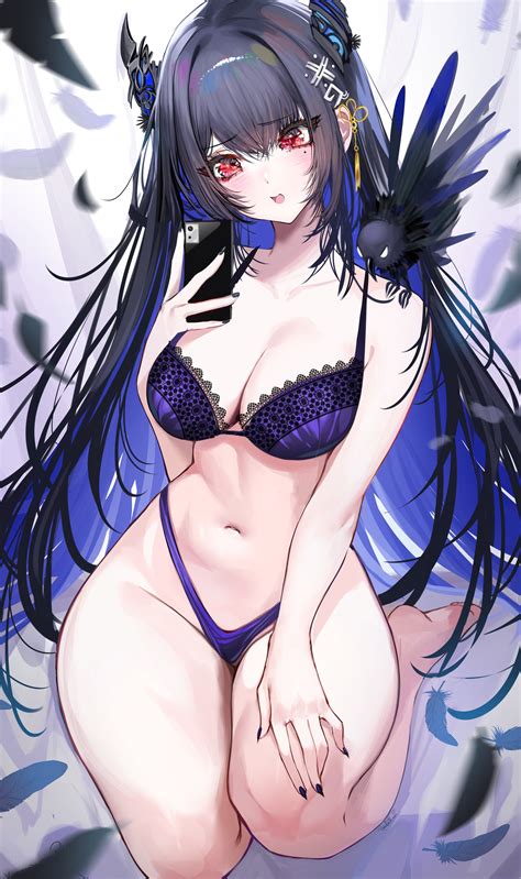 Rule 34 1girls Absurdres Belly Button Black Hair Blue Hair Bra