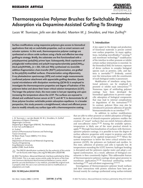 Pdf Thermoresponsive Polymer Brushes For Switchable Protein Adsorption Via Dopamine‐assisted
