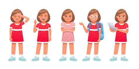 소녀는 슬픔에 잠겨 팔짱을 끼고 손에 태블릿을 들고 등 뒤에 배낭을 메고 승인의 몸짓으로 불만을 품고 서 있습니다 완전히 성장한 작은 아름다운 소녀 귀여운 화이트 베이비