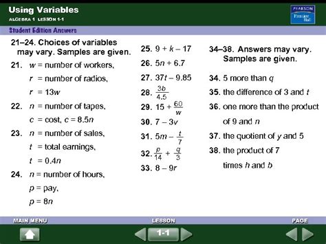 Using Variables Algebra 1 Lesson 1 1 Write