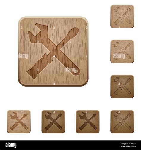 Set Of Carved Wooden Tools Buttons 8 Variations Included Arranged Layer Structure Stock Vector