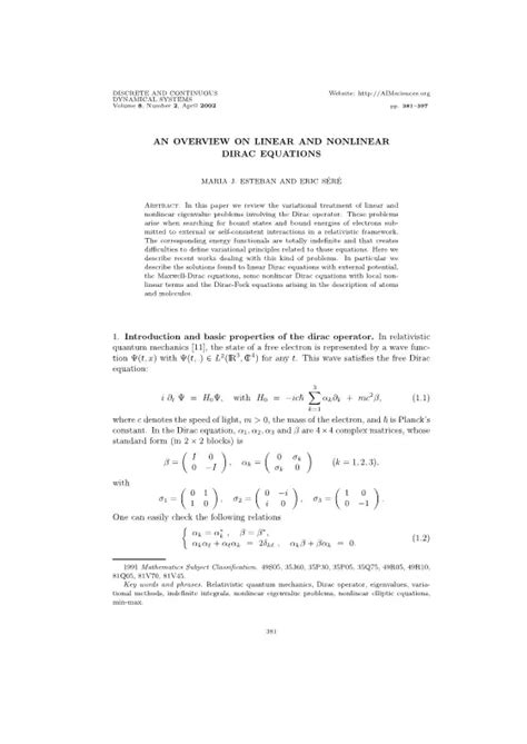 An Overview On Linear And Nonlinear Dirac Equations 1 Introduction And Basic Properties Of The