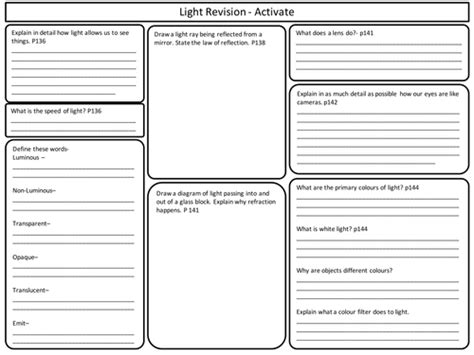 Ks3 Light Revision Sheets For Activate Science Teaching Resources