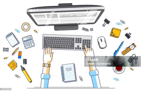 회사원 또는 Pc 컴퓨터 인간의 손과 다양 한 편지지 개체 작업 영역 책상의 최고 보기에서 작업 하는 기업 모든 요소는 별도로 사용 하기 쉽습니다 벡터 일러스트입니다