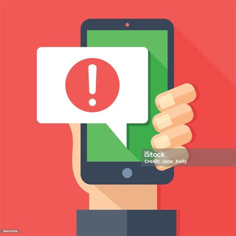 전화 알림 새 메시지 받은 개념입니다 손을 잡고 연설 거품 및 느낌표 아이콘 스마트폰 현대 평면 디자인 벡터 일러스트 레이 션 기민에 대한 스톡 벡터 아트 및 기타 이미지