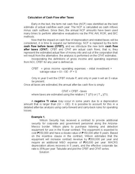 Calculation Of Cash Flow After Taxes The Ncf Is Calculated As Cash