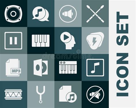 Set Speaker Mute Music Note Tone Guitar Pick Volume Synthesizer Pause Button Stereo