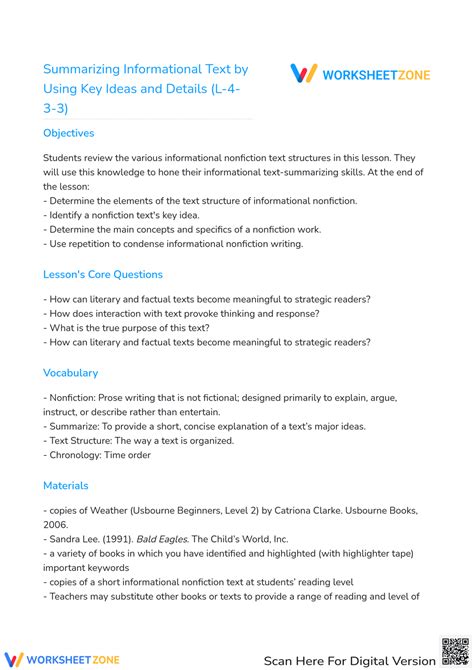 summarizing informational text by using key ideas and details l 4 3 3