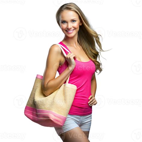 Smiling Woman In Pink Tank Top And Shorts With A Beach Bag 46459026 Png