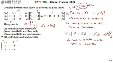 Gate 2014 Ece Comment On Controllability And Observability Of Given State Space Model Youtube