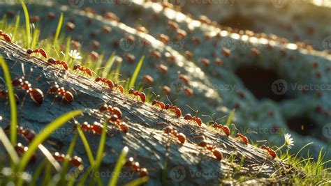 Ants Busy Foraging On A Sunlit Patch Of Grass Beside A Rocky Surface