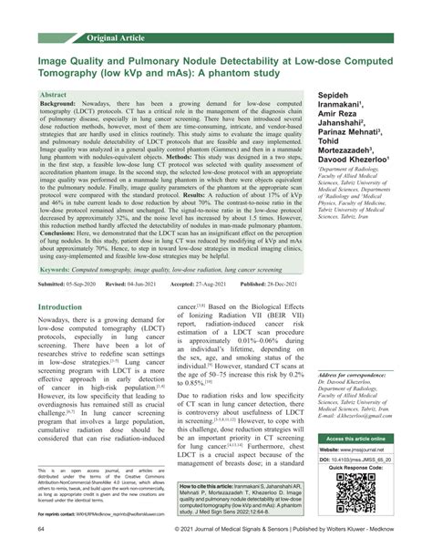 Pdf Image Quality And Pulmonary Nodule Detectability At Low Dose Computed Tomography Low Kvp