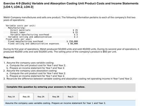 Solved Exercise Static Variable And Absorption Costing Chegg