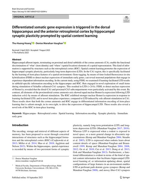 Pdf Differentiated Somatic Gene Expression Is Triggered In The Dorsal Hippocampus And The