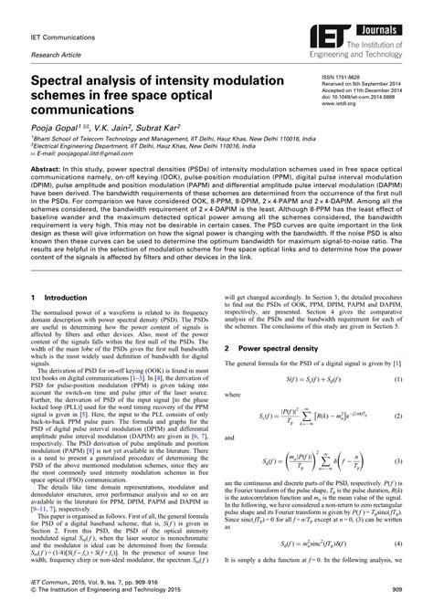 Pdf Spectral Analysis Of Intensity Modulation Schemes In Free Space Optical Communications