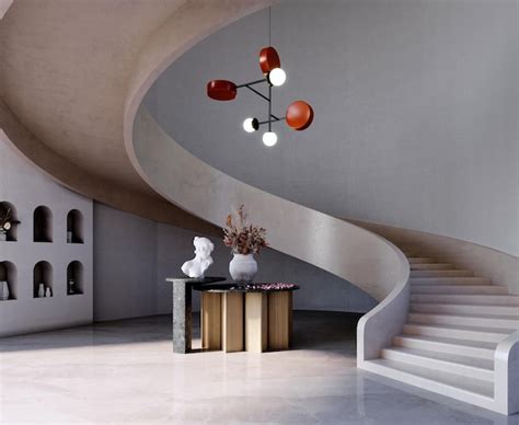 3d 렌더링 3d 그림 내부 장면 및 모형 현대적인 복고 스타일 나선형 계단 모서리 붉은 갈색 램프 나무 다리가 있는 검은색 대리석 중앙 테이블 프리미엄 사진