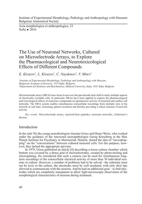 Pdf The Use Of Neuronal Networks Cultured On Microelectrode Arrays To Explore The