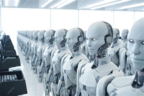 Premium Ai Image Many Identical Ai Robots Standing In Big Office