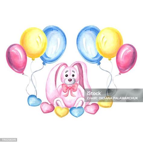 다채로운 풍선과 하트 화환이 있는 빨간 활에 분홍색 토끼의 수채화 그림 디자인 엽서 보육원 및 생일 장식 인쇄 포장 및 표지에 대한 손으로 그린 그림 가리기에 대한 스톡