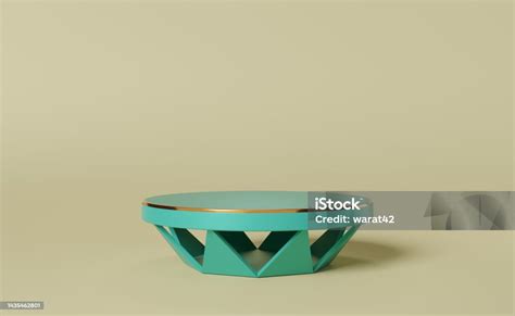 현대 단계 전시 추상 진열장 배경 개념 3d 그림 또는 3d 렌더링을 위한 베이지색 구성의 기하학적 모양으로 비어 있는 녹색