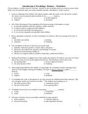 Worksheet Ch Memory Doc Introduction To Psychology Memory