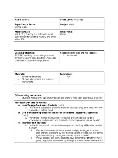 Mental Math Lesson Plan 3rd Grade With Worksheet Pdf