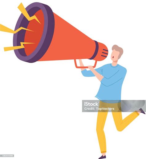 거대한 메가폰을 들고 있는 청년이 발표와 비명을 지르는 정보 벡터 일러스트레이션 남자에 대한 스톡 벡터 아트 및 기타 이미지 남자 대형 독일 Istock