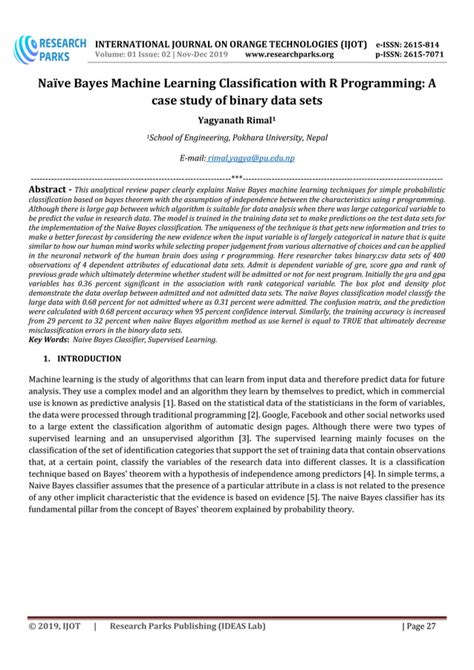 Naïve Bayes Machine Learning Classification With R Programming A Case