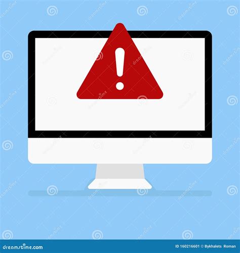 Computer With Error Or Red Sign Attention Danger Error Message Device Screen Blue Background