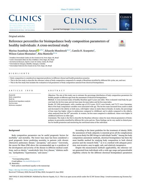 Pdf Reference Percentiles For Bioimpedance Body Composition
