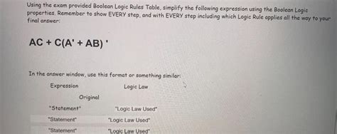 Solved Using The Exam Provided Boolean Logic Rules Table Chegg