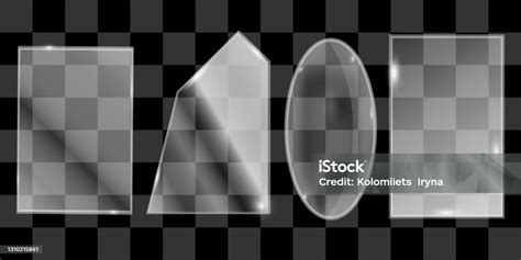 투명 한 배경에 설정 된 유리 플레이트 눈부심과 빛이 있는 아크릴과 유리 질감 사각형 육각형 및 둥근 프레임의 사실적인 투명 유리 창 벡터 건물 정면에 대한 스톡 벡터 아트