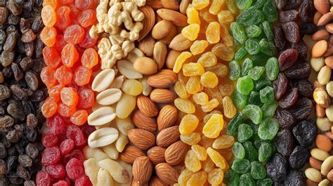 A Vibrant Display Of Assorted Dried Fruits And Nuts Arranged In