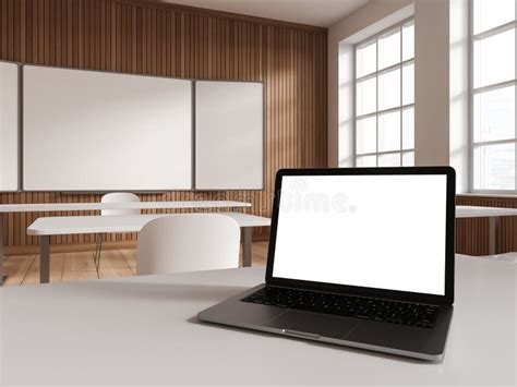 Stylish Wooden Classroom Interior With Table In Row And Mockup Laptop