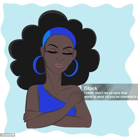 검은 곱슬머리 검은 피부 여성의 벡터 그리기 진한 파란색 드레스 파란색 머리띠 연한 파란색 배경에 눈을 감은 귀걸이 갈색에 대한 스톡 벡터 아트 및 기타 이미지 Istock