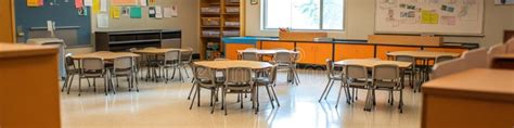 Desks And Chairs In A Classroom The Room Is Organized And Ready For Students With A Clean And