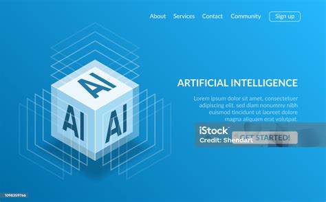 인공 지능 방문 페이지 개념에 대 한 빛나는 파란 입방 모양 Ai 프로세서 칩의 3 차원 Isometric 보기 현대 그림 파란색 배경에 아이소메트릭 스타일입니다 입방체에