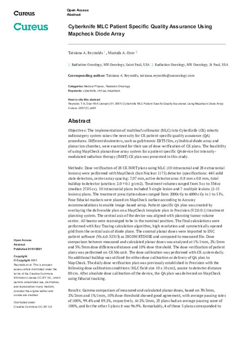 Pdf Cyberknife Mlc Patient Specific Quality Assurance Using Mapcheck