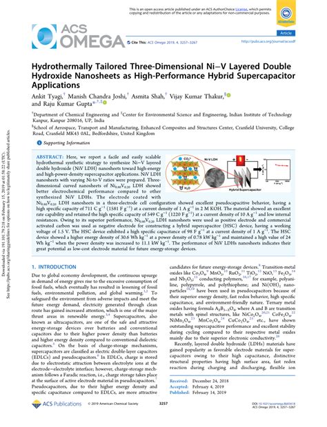 Pdf Hydrothermally Tailored Three Dimensional Niv Layered Double
