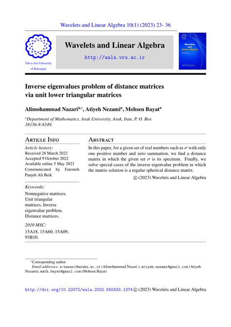 Pdf Inverse Eigenvalues Problem Of Distance Matrices Via Unit Lower