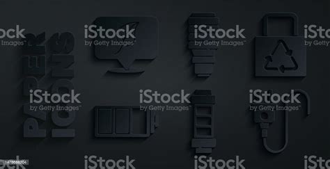 배터리 재활용 종이 봉지 전기 플러그 Led 전구 및 위치 리프 아이콘을 설정합니다 벡터 3차원 형태에 대한 스톡 벡터 아트 및