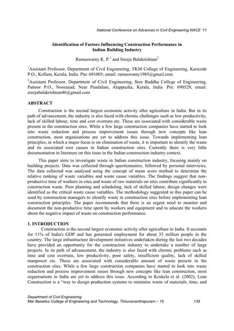 Pdf Identification Of Factors Influencing Construction Performance In Indian Building Industry