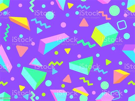 80 년대 스타일의 3d 모양을 가진 기하학적 이음새가 없는 패턴 아이소메트릭 기하학적 모양 판촉 제품 포장지 및 인쇄를위한 다채로운 배경 디자인 벡터 일러스트 레이 션