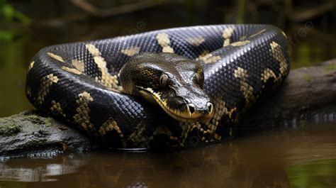 브라질의 비단뱀은 물 속의 통나무에 놓여 있습니다 아나콘다 뱀 그림 배경 일러스트 및 사진 무료 다운로드 Pngtree