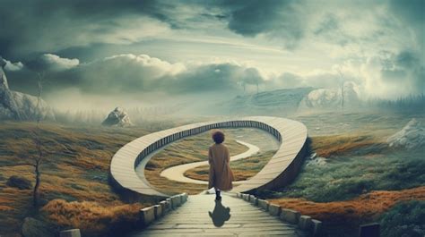 Premium Photo A Woman Walking Down A Path With A Winding Road Leading To The Horizon