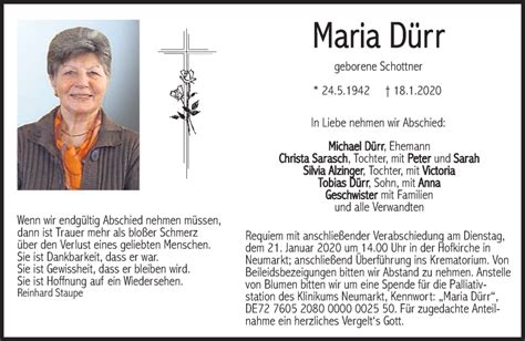 Traueranzeigen Von Maria Dürr Trauernnde