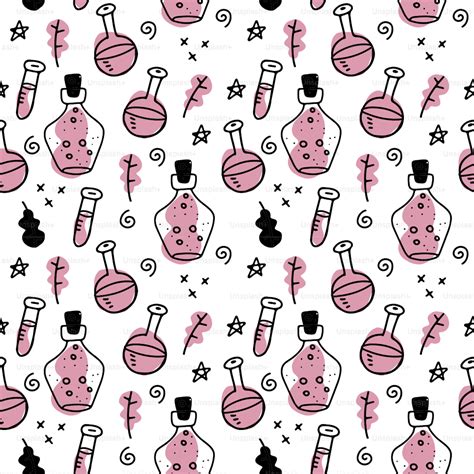 다양한 병과 캔 마법의 물약과 액체의 매끄러운 패턴으로 요리 또는 주방 디자인의 마법에 이르기까지 할윈 마녀의 밤 개념입니다 Simlpe 낙서 선형 그림 사진