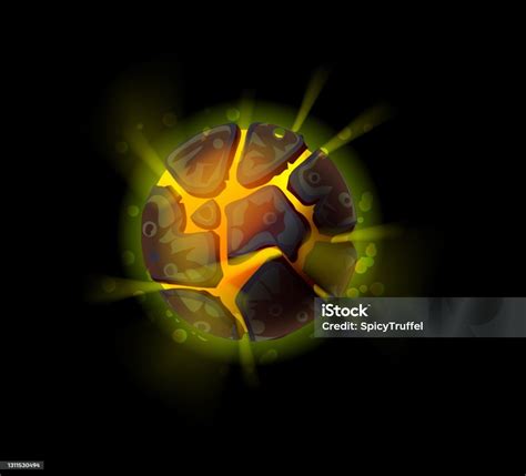 판타지 소행성 불타는 표면만화 행성 가상의 빛나는 거대 은하 물체 내부에서 뛰는 빛 광선 폭발의 진원지 벡터 우주 탐사 검은색에 대한 스톡 벡터 아트 및 기타 이미지