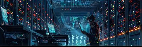 A Hacker Engages With Multiple Computer Screens In A Dimly Lit Server